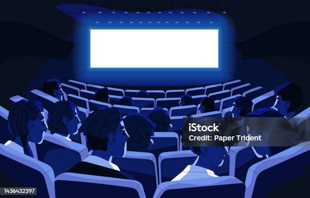 Cinéma Avec Le Public Regardant Un Film Sur Une Maquette Décran Blanc