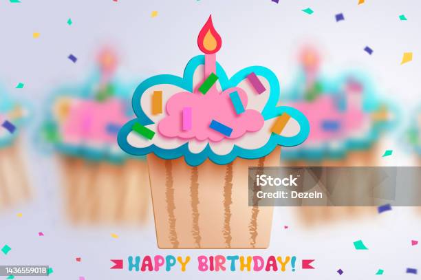 Birthday Cup Cake Vector Design Happy Birthday Greeting Text With Paper