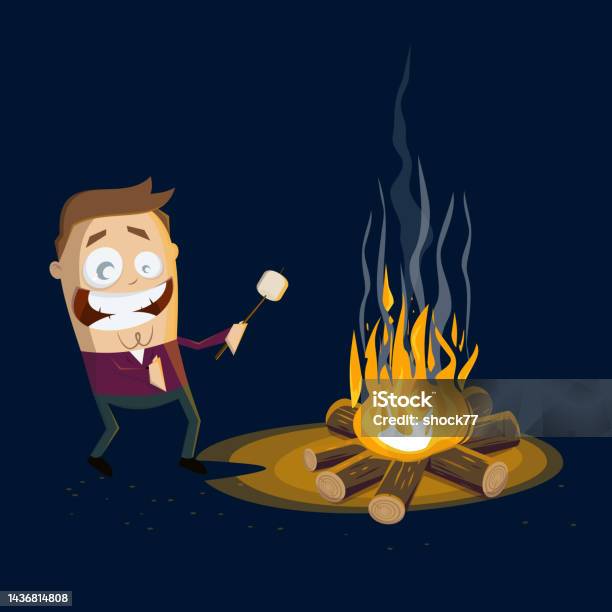 Drôle Dhomme De Dessin Animé Faisant Griller Une Guimauve À Un Feu De