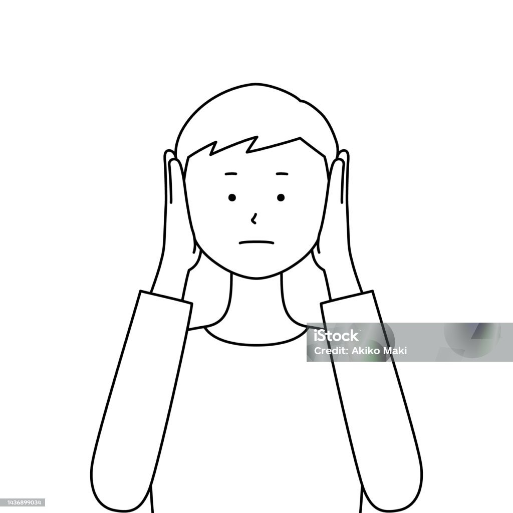 양손으로 귀를 막고 있는 남자의 그림 악을 듣지 않는다 20 29세에 대한 스톡 벡터 아트 및 기타 이미지 20 29세