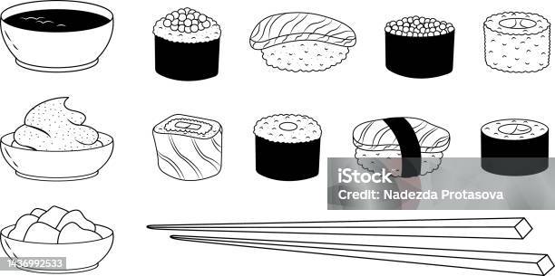 Ilustrasi Vektor Satu Set Sushi Saus Dan Sumpit Disorot Dengan Latar