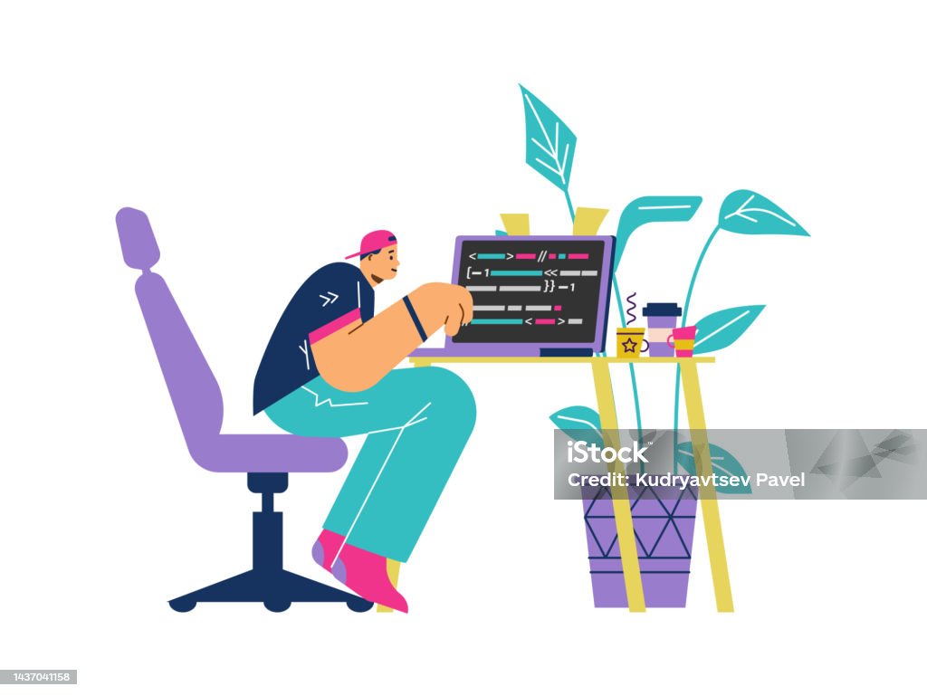 Young Man Programming And Coding Software Flat Vector Illustration Isolated On White Background