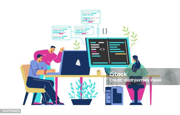 Team Of Programmers Or Developers At Work Flat Vector Illustration
