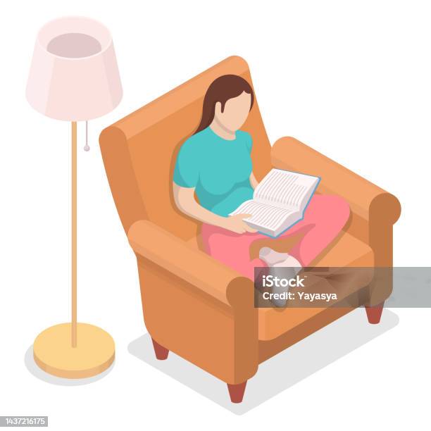 Gadis Membaca Buku Dengan Nyaman Duduk Di Kursi Ilustrasi Vektor