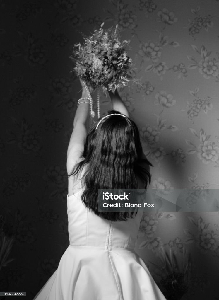 Bride Holding Her Bouquet Up Monochromatic Black And White Tones Stock