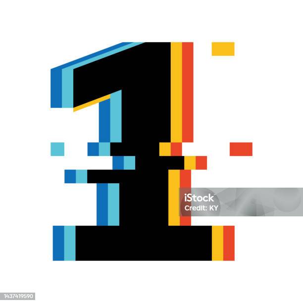 Number 1 Digital Glitched Numbers With Distortion Effect Stock