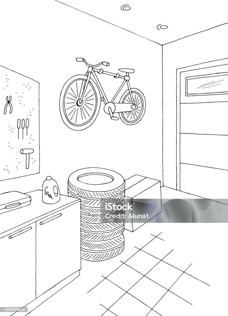 Garasi Grafis Hitam Putih Sketsa Interior Vektor Ilustrasi Vertikal