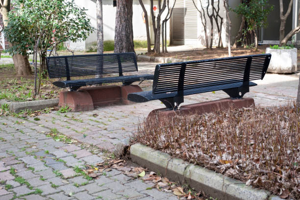 Free Stock Photo of A row of benches on a sidewalk with leaves on the ...