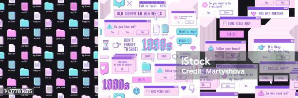 Old Computer Aestethic 1980s 1990s Set Of Seamless Patterns With Retro