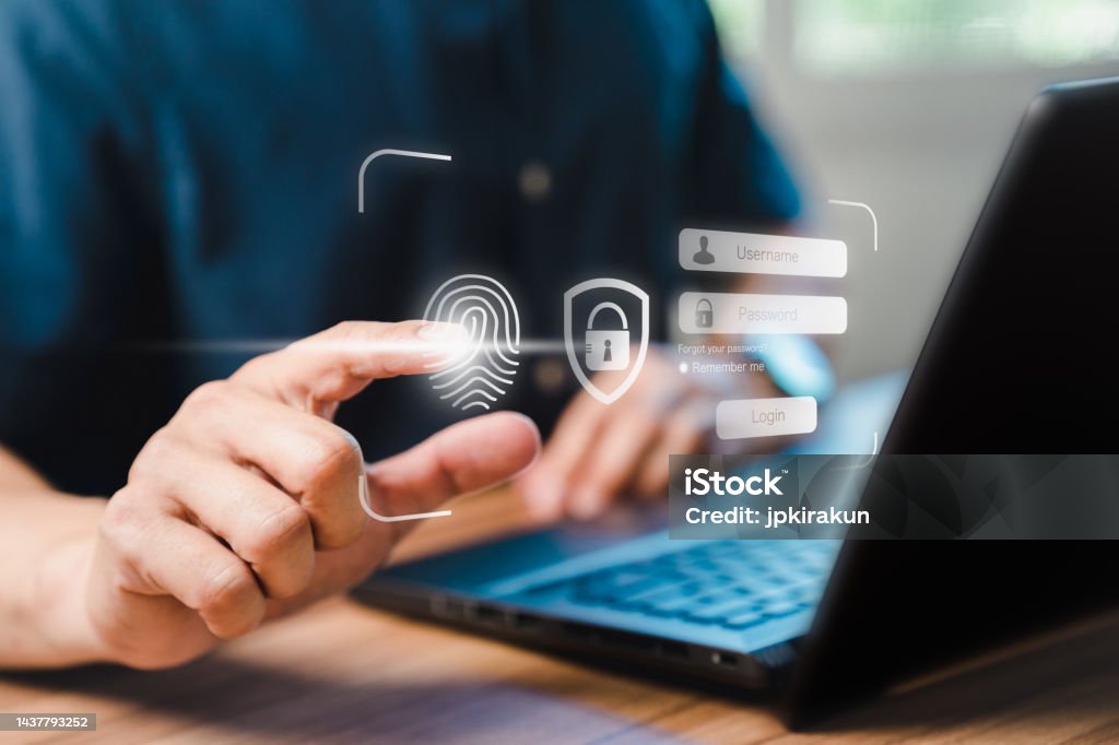 Man Login With Fingerprint Scanning Technology In The Computer Secure Encryption And Access To