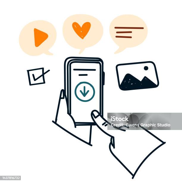 Ponsel Doodle Yang Digambar Tangan Di Tangan Dengan Ilustrasi Data