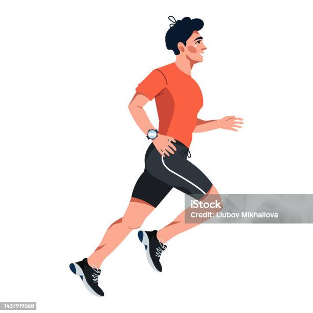 Ilustrasi Vektor Dalam Gaya Datar Dengan Seorang Pemuda Berlari Maraton