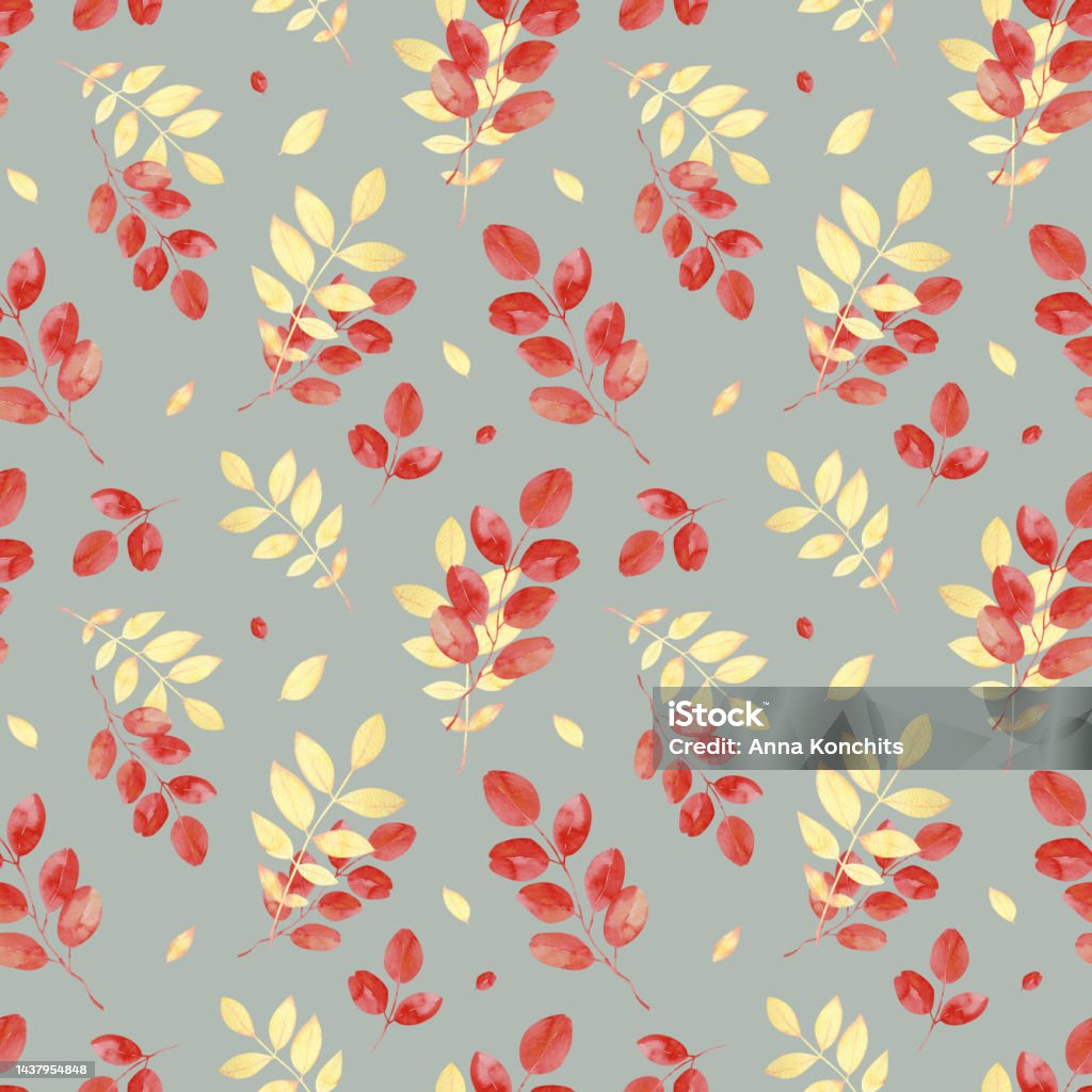 Pattern Of Watercolor Colorful Autumn Leaves Red Yellow On The White