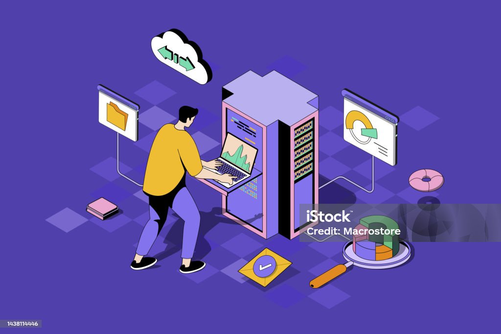 Data Center Web Concept In 3d Isometric Design Man Working As ... Data Center Web Concept In 3d Isometric Design Man Working As ...
