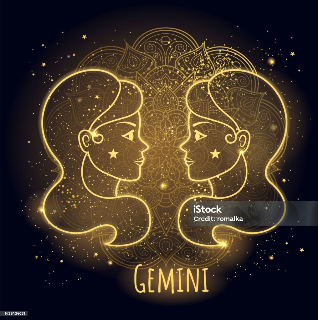 Ilustración De Signo Zodiacal Gemini Arte De Línea Vectorial Estilo De