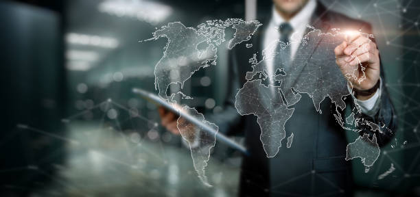 Free Stock Photo of Businessman touching virtual screen with world map ...