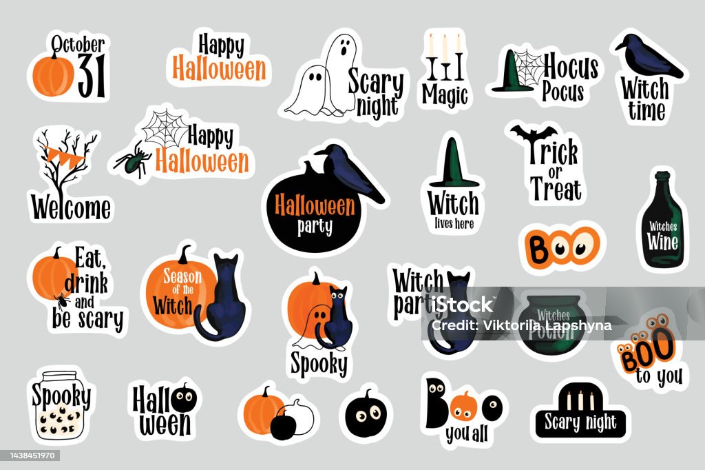 Ilustrasi Set Stiker Halloween Dengan Kucing Hitam Labu Hantu Sarang ... Ilustrasi Set Stiker Halloween Dengan Kucing Hitam Labu Hantu Sarang ...