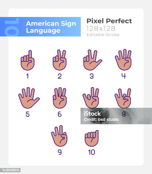 Digits In American Sign Language Pixel Perfect Rgb Color Icons Set向量圖形及 ... Digits In American Sign Language Pixel Perfect Rgb Color Icons Set向量圖形及 ...