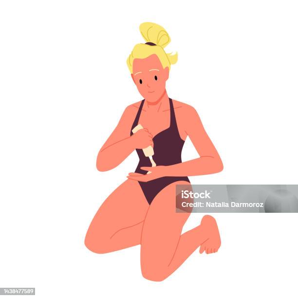 Girl In Swimwear Applying Sun Cream Stock Illustration Download Image