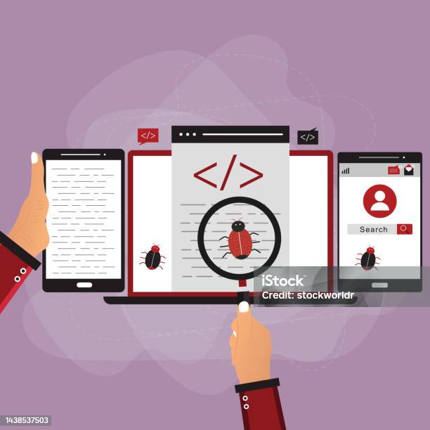 Programmer With Magnifier Looking For Defect In Programmed Software Application Bugs Stock