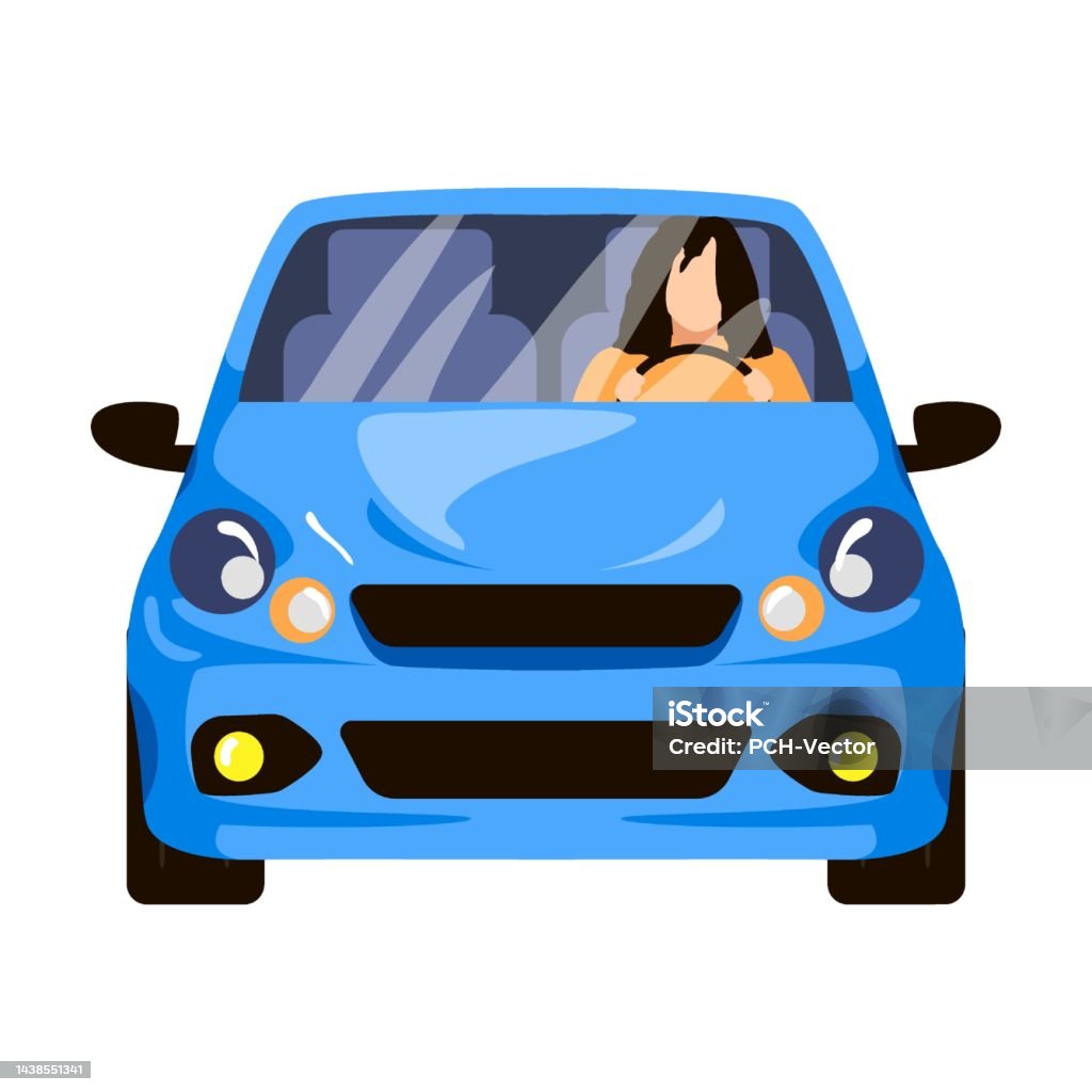 Front View Of Woman Driving Car Cartoon Vector Illustration Female Driver Alone Without