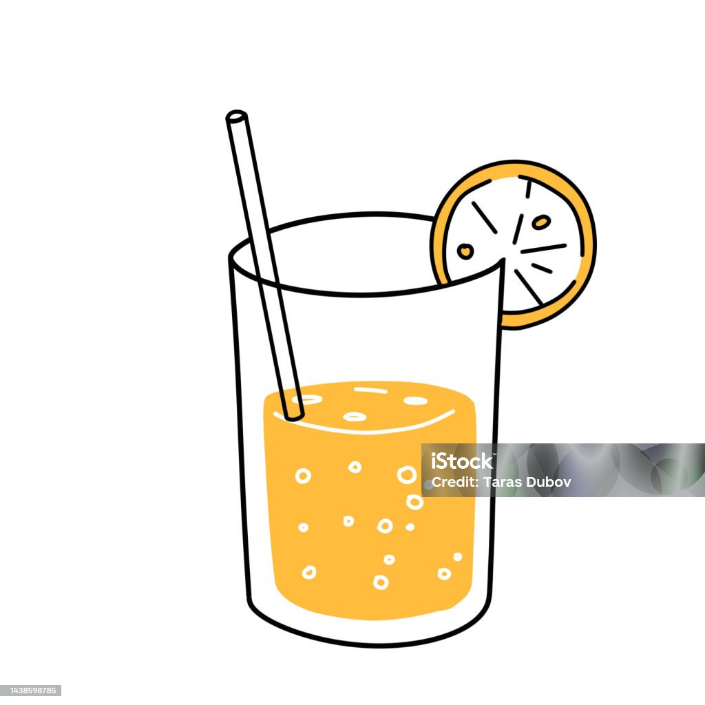 Orange Juice Glass Of Fresh Drink Trendy Outline Cartoon Thirst Quenching And Summer Cocktail