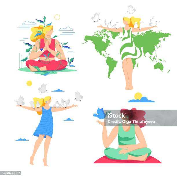 Tranquille Paix La Silhouette De La Carte Du Monde La Fille Aux Oiseaux