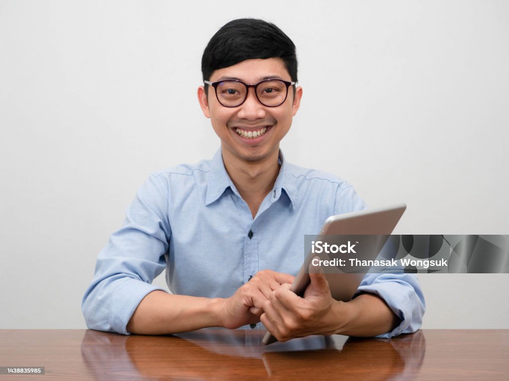 Positive Businessman Wear Glasses Hold Tablet Happy Smile Sit At The