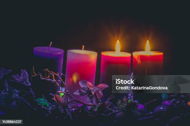 Advent Decoration With Two Burning Candles Stock Photo - Download Image ... Advent Decoration With Two Burning Candles Stock Photo - Download Image ...