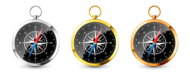 Realistic Silver And Golden Vintage Compasses Marine Wind Rose And