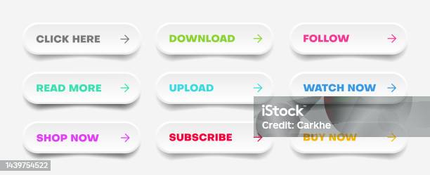 3d Click Here Web Buttons Set Of Action Button Hand Cursor And Arrow