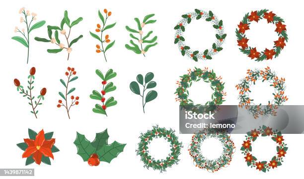 Set Tanaman Natal Karangan Bunga Pohon Dan Elemen Karangan Bunga Cabang