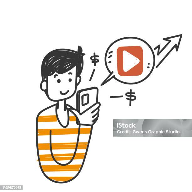 Orang Doodle Yang Digambar Tangan Memegang Telepon Dengan Memutar