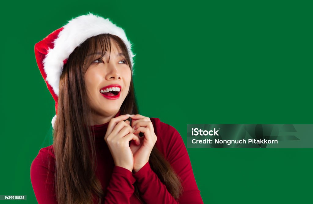 Happy Asian Woman Long Hairstyle In Red Long Sleeve Tshirt Wear Santa