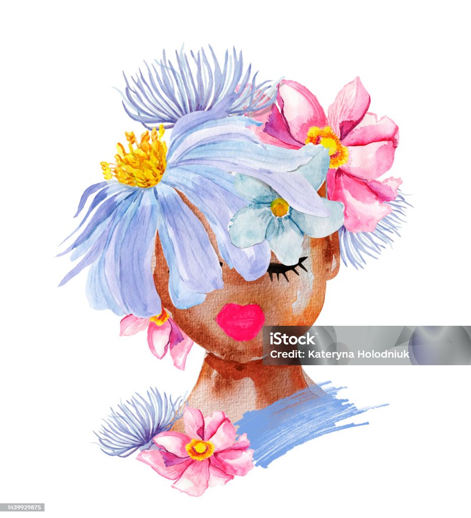African American Woman With A Wreath Of Flowers On Her Head Watercolor