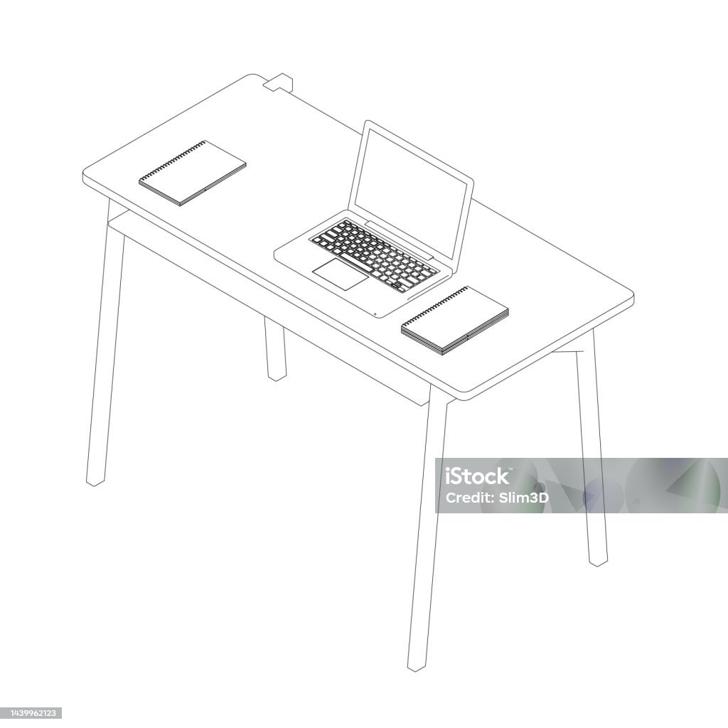Ilustración De Contorno De Escritorio Con Computadora Portátil Y Blocs