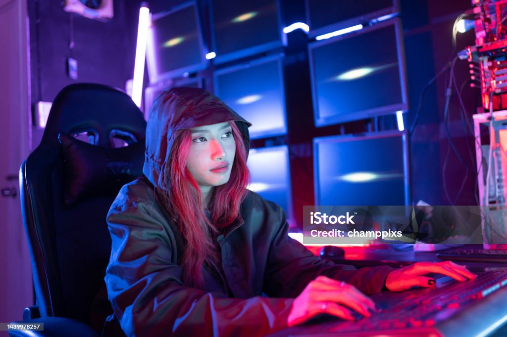 Hack Program Concept Professional Woman Hacker Using Keyboard Send