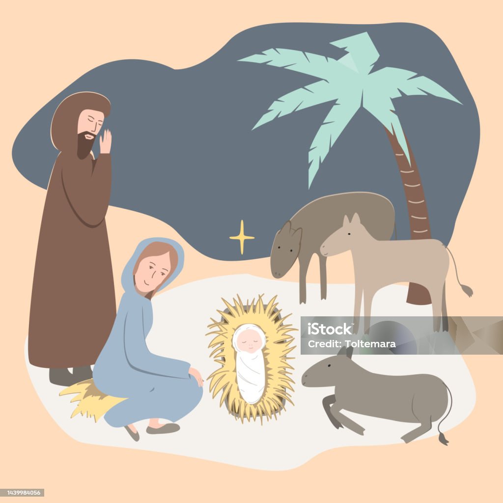 Ilustrasi Datar Adegan Kelahiran Kristen Perawan Maria Yesus Kristus