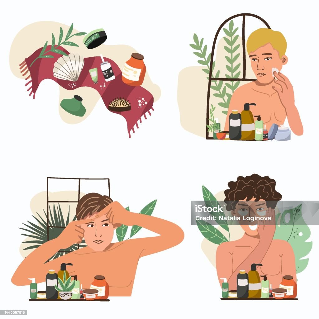 Skin Care Routine Concept Set Various Handsome Men Washes Makes Facial