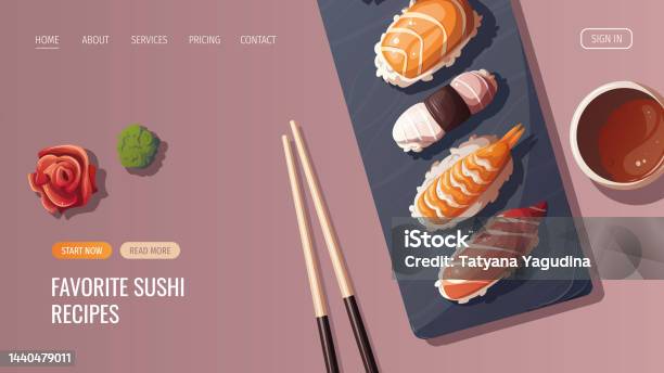 Desain Halaman Web Dengan Campuran Sushi Di Atas Batu Hitam Makanan