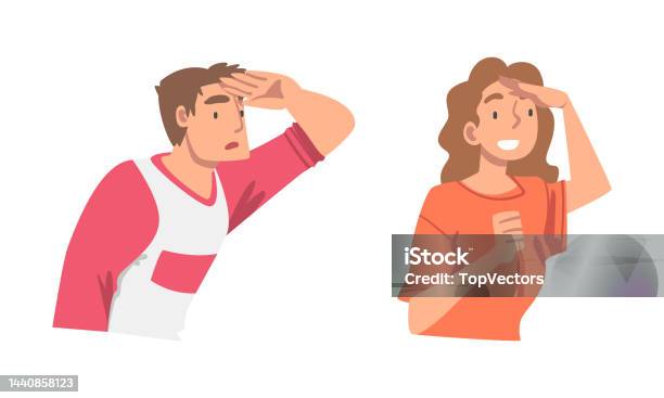 Looking Into Future Man And Woman Character With Hand On Forehead ... Looking Into Future Man And Woman Character With Hand On Forehead ...