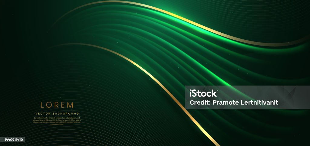 Abstract 3d Gold Curved Green Ribbon On Dark Green Background With