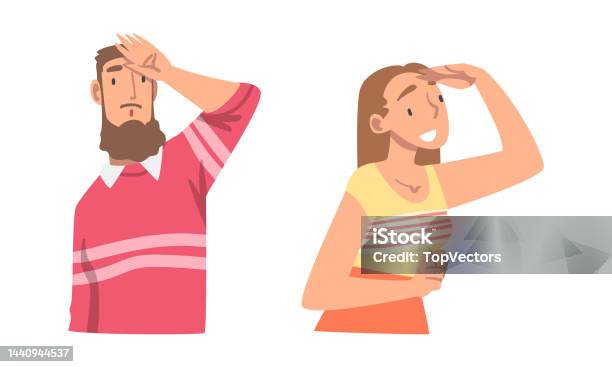 Looking Into Future Man And Woman Character With Hand On Forehead ... Looking Into Future Man And Woman Character With Hand On Forehead ...