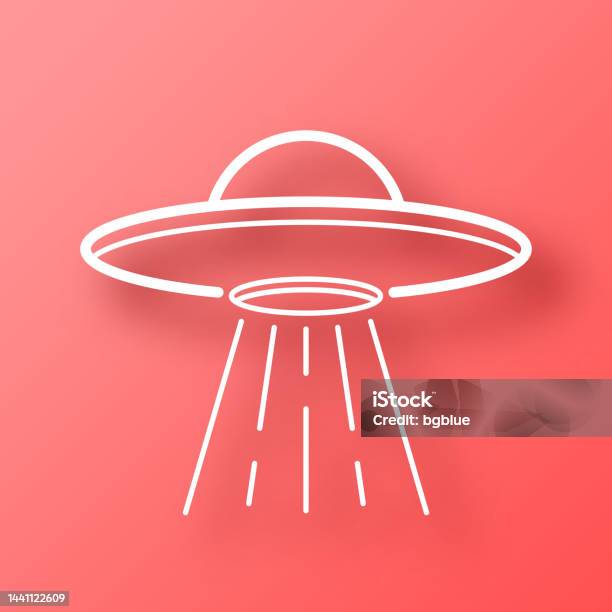 Ufo Flying Saucer With Light Beam Icon On Red Background With Shadow