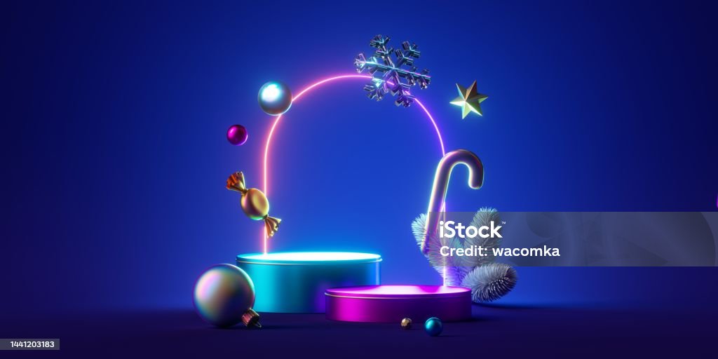 Render 3d Panggung Kosong Futuristik Dengan Lampu Neon Dan Ornamen
