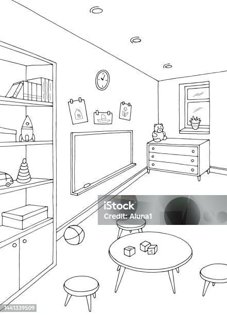 Vektor Ilustrasi Sketsa Sketsa Vertikal Interior Tk Tk Putih Putih