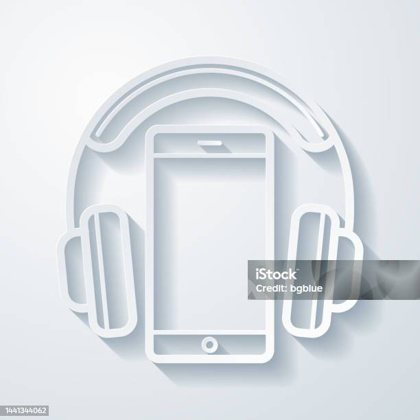 Casque Avec Smartphone Icône Avec Effet De Découpage De Papier Sur Fond