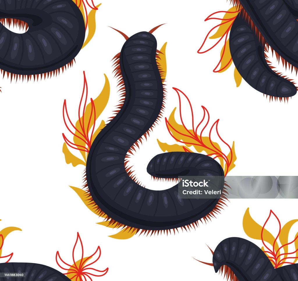 Vector Seamless Pattern With Scary Centipedes With Foliage And Leaves