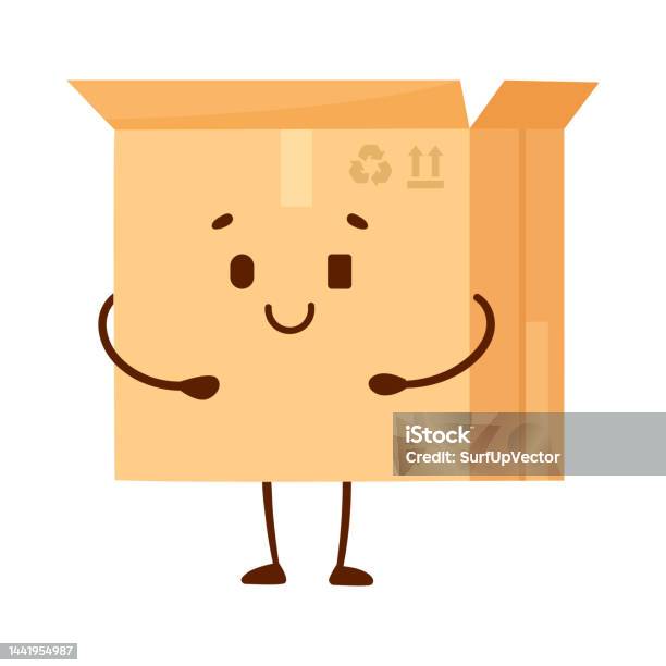 Smiling Cardboard Box Cartoon Character Vector Illustration Stock