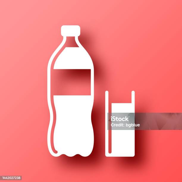 Bouteille Et Verre De Soda Icône Sur Fond Rouge Avec Ombre Vecteurs